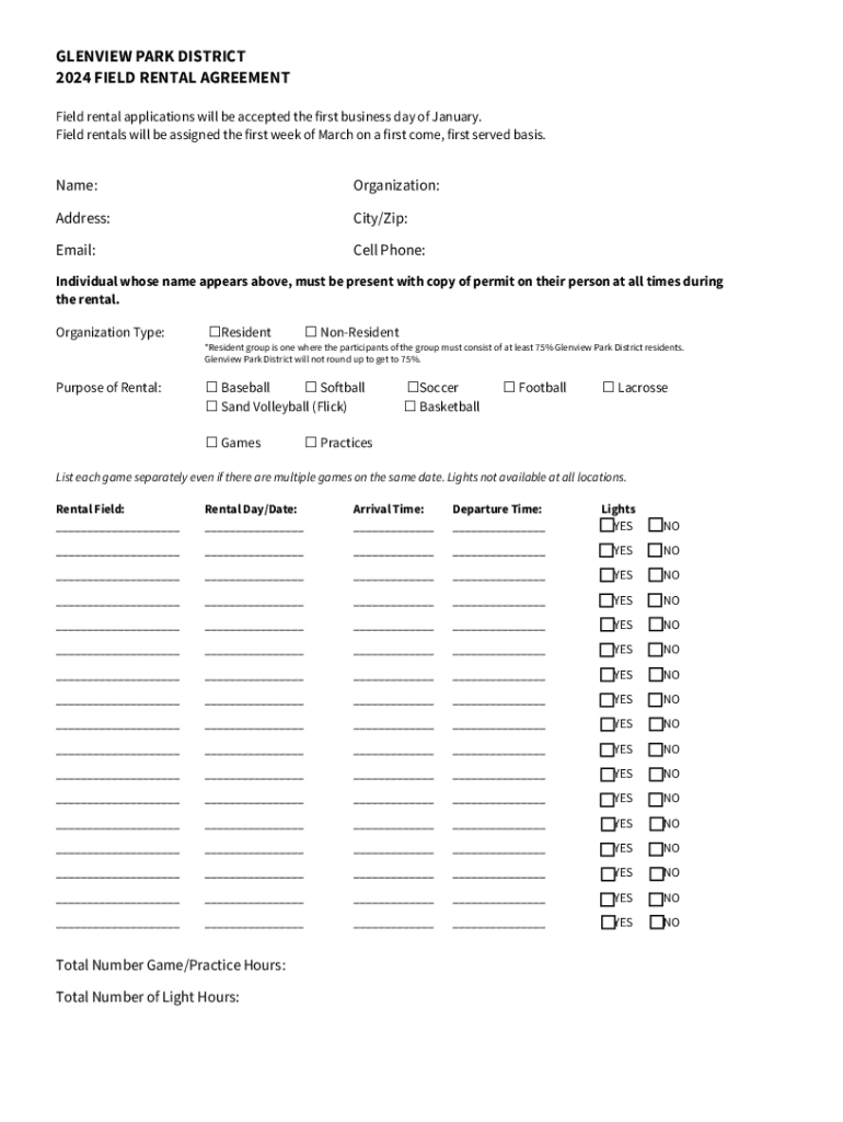 Fillable Online GLENVIEW PARK DISTRICT 2024 FIELD RENTAL AGREEMENT Fax ...