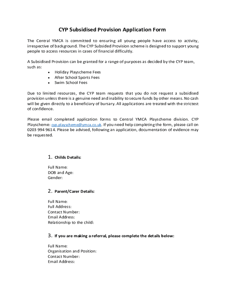 Fillable Online CYP Subsidised Provision Application Form Fax Email ...