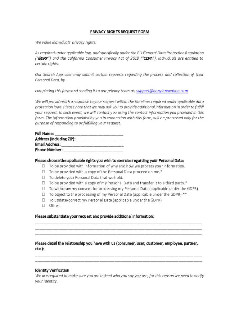 Fillable Online Data Subject Rights Request Form - Zesty Fax Email ...