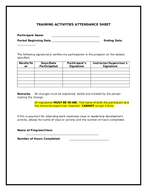 training activities attendance sheet Doc Template | pdfFiller