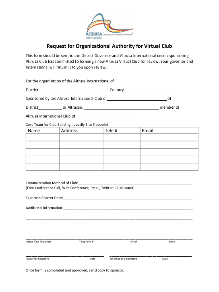 Fillable Online Request for Organizational Authority for Virtual Club ...