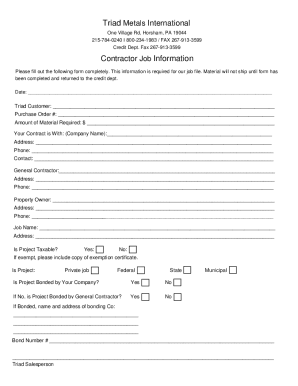 Triad Metals International Contractor Job Information Form - Fill ...