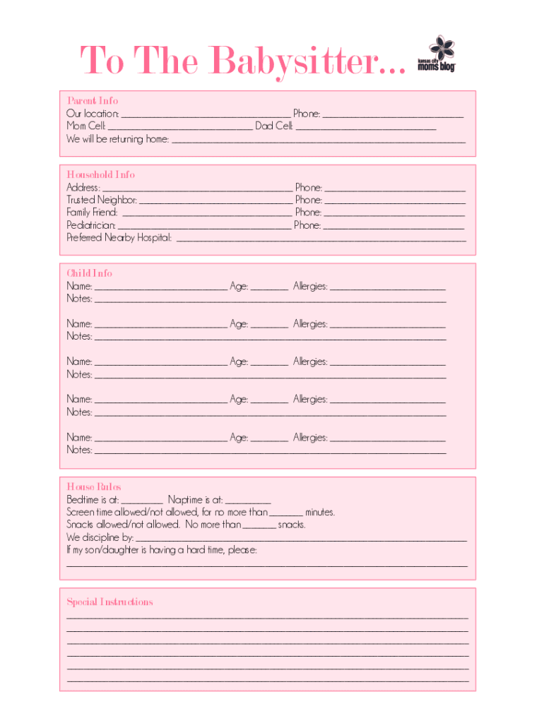Fillable Online To The Babysitter Fax Email Print - pdfFiller