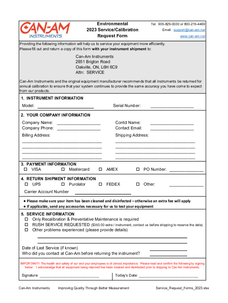 Fillable Online Service Calibration 2023Service/Calibration Request ...