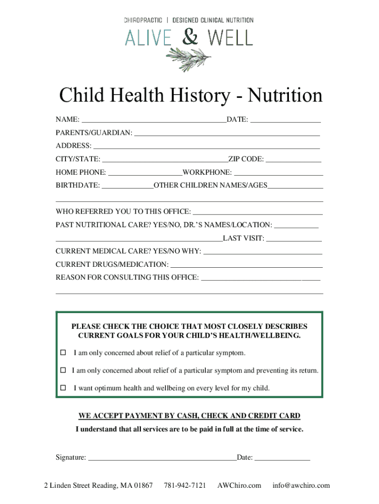 Fillable Online Child Health History - Nutrition Fax Email Print ...