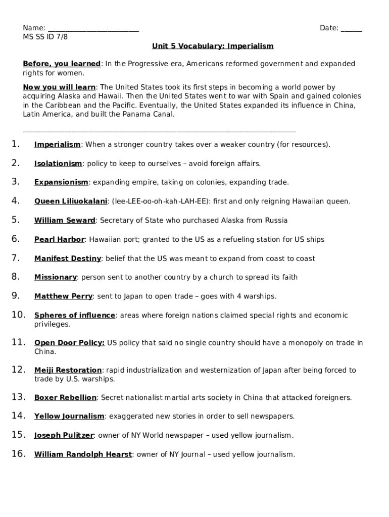 Vocab: Unit 5 - Gilded Age, Imperialism, Progressive Era Doc Template ...