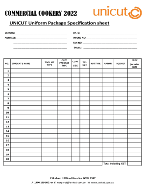 Fillable Online UNICUT Uniform Package Specification sheet Fax Email ...