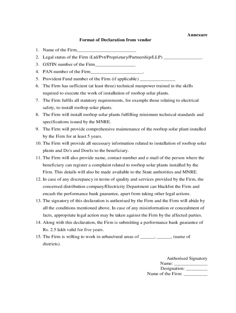 Fillable Online Annexure Format of Declaration from vendor Fax Email ...