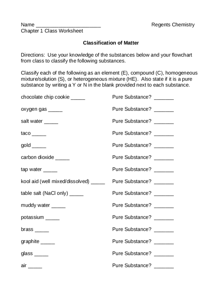 Worksheet: Classification of Matter ... Doc Template | pdfFiller