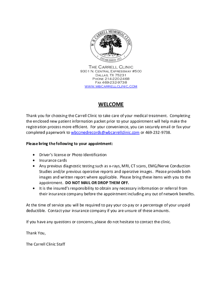 Fillable Online The Carrell Clinic - Hip & Knee Replacement Center ...