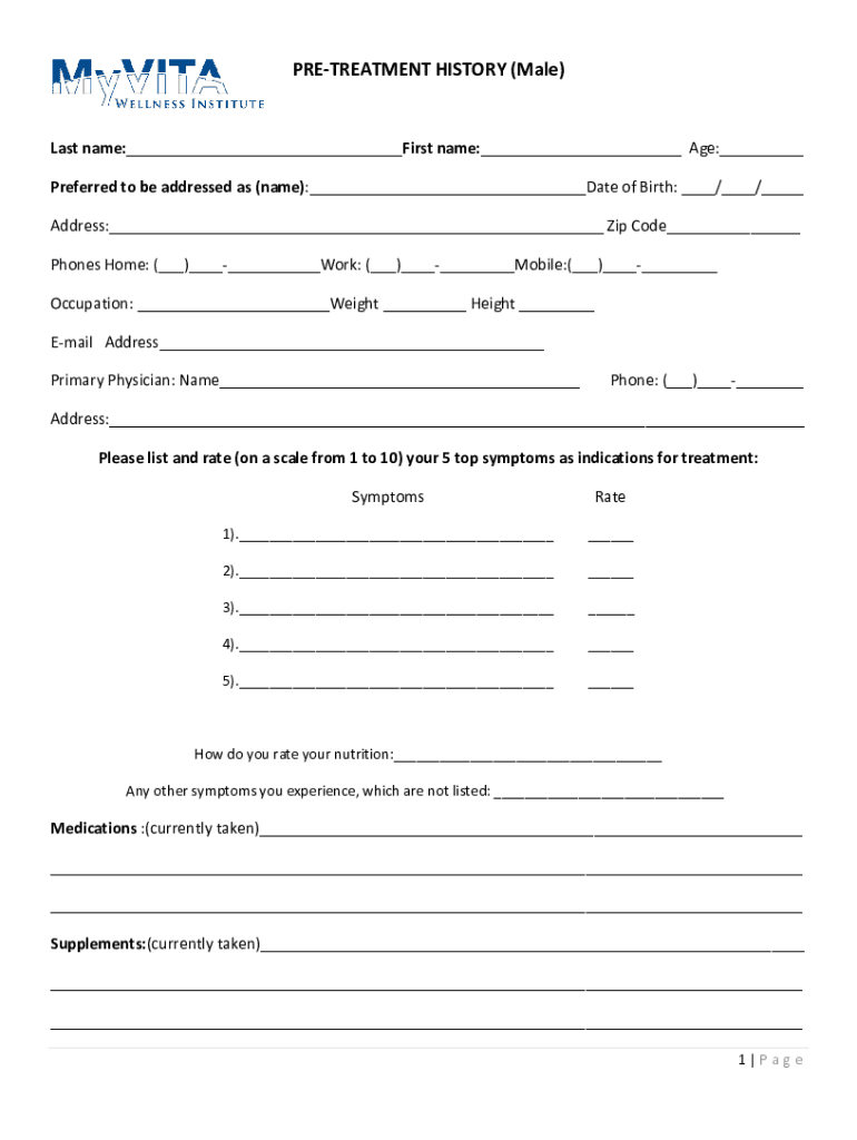 Fillable Online PRE-TREATMENT HISTORY (Male) Fax Email Print - pdfFiller