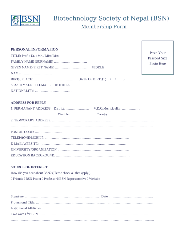 Biotechnology Society of Nepal - BSN Doc Template | pdfFiller