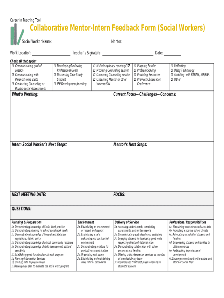Collaborative Mentor-Intern Feedback (Social Workers) Doc Template ...