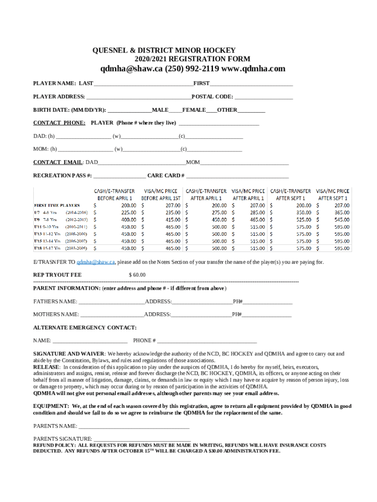 Registrations - Quesnel and District Minor Hockey Association Doc Template | pdfFiller
