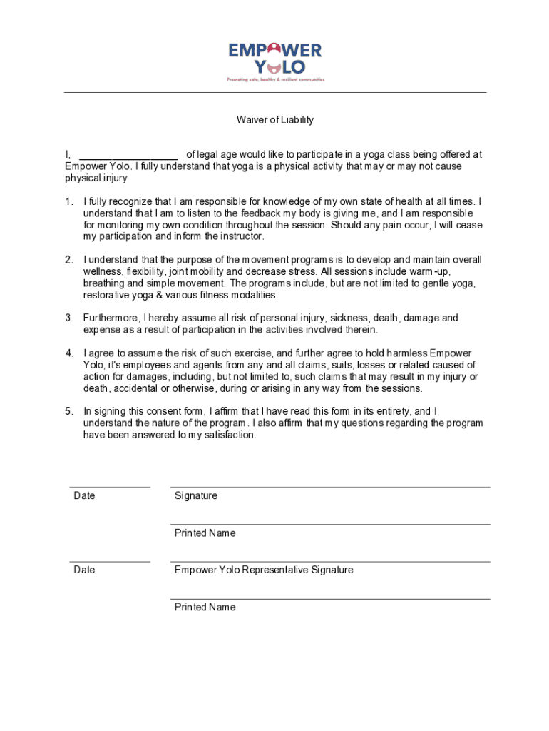 Fillable Online Yoga Release And Waiver Of Liability (Yoga Teacher Only ...