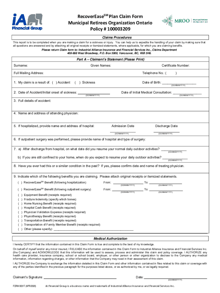 Fillable Online 0031T - Claim Form for MROO 100003209 Fax Email Print ...