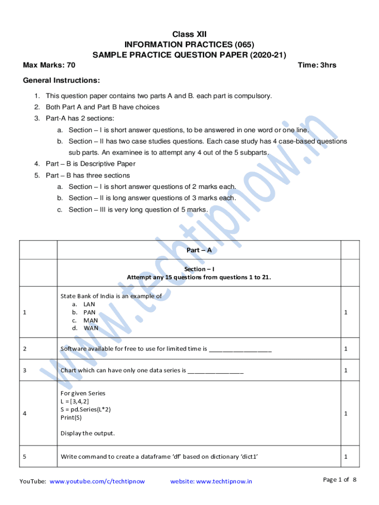 Fillable Online Class Xii Information Practices 065 Sample Fax Email Print Pdffiller