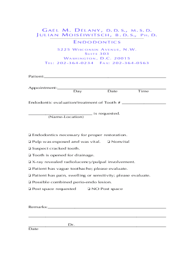 Fillable Online Endodontic Referral Form Washington DC, Referring Doctor Fax Email Print - pdfFiller