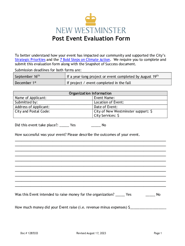 Fillable Online Post Event Evaluation Form City of New Westminster Fax ...