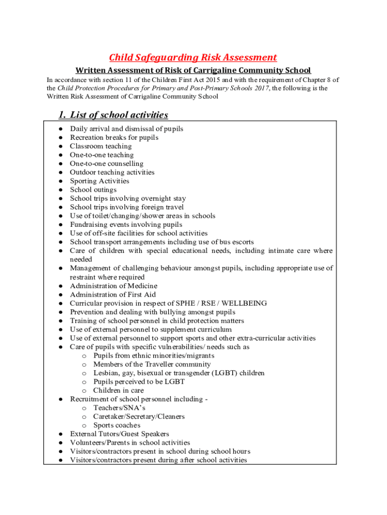 Fillable Online Risk Assessment Document for Carrigaline Union Fax ...