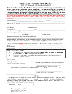 Affidavit for Exemption from Jury Duty for Physical or Mental ...