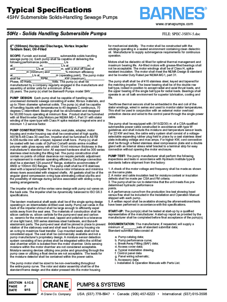Fillable Online Barnes Solids Handling (SH) SeriesSubmersible Sewage ...