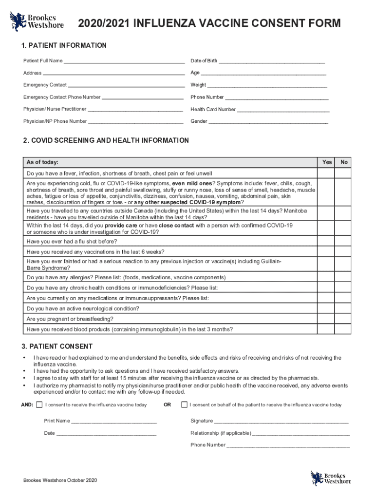 Fillable Online 2020-2021 seasonal influenza vaccine record and consent ...