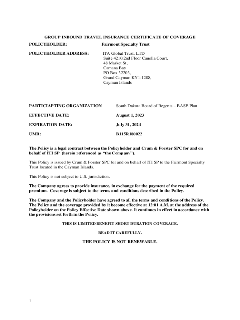 Fillable Online group inbound travel insurance certificate of coverage ...