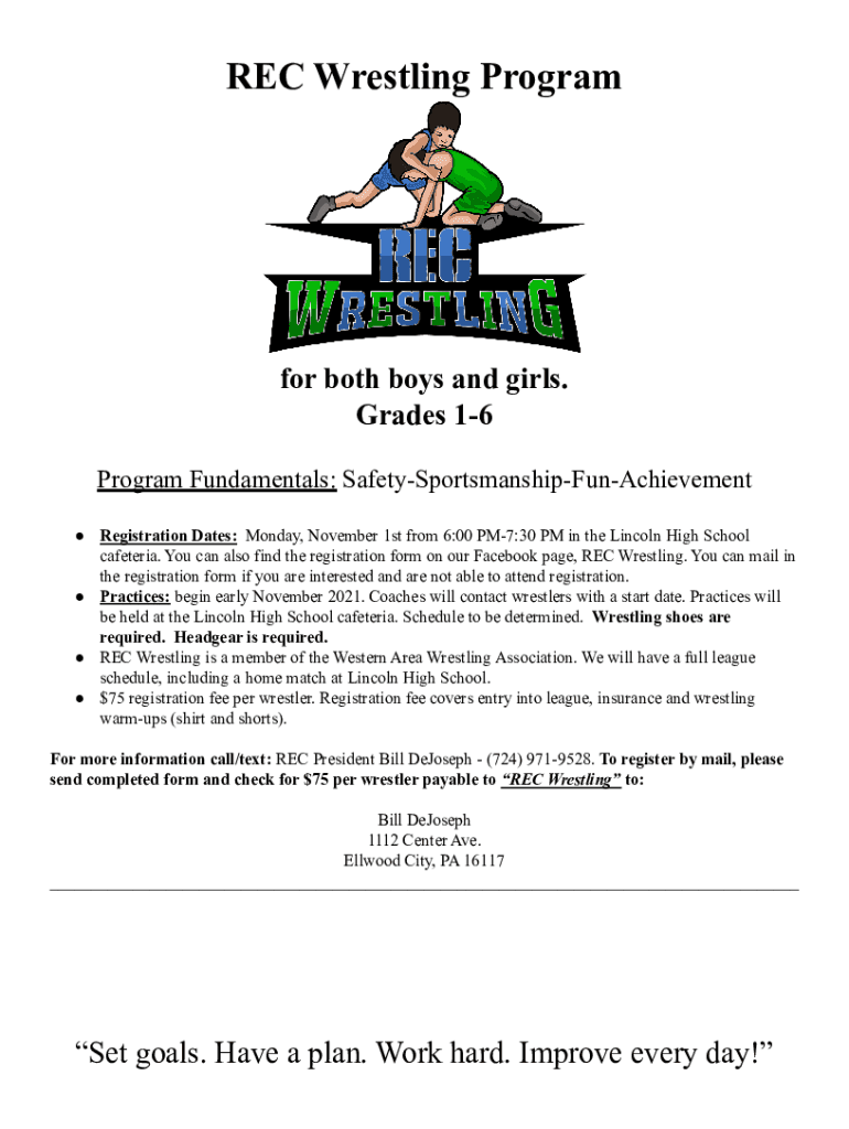Fillable Online Pee Wee Wrestling Registration Form and Information Fax ...