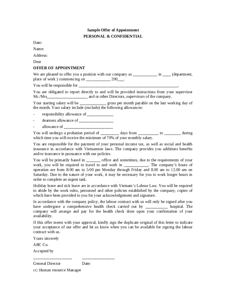 Sample Offer of Appointment Doc Template | pdfFiller