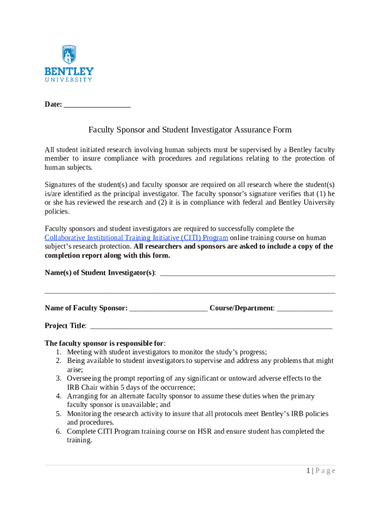 Faculty Sponsor and Student Investigator Assurance Doc Template | pdfFiller