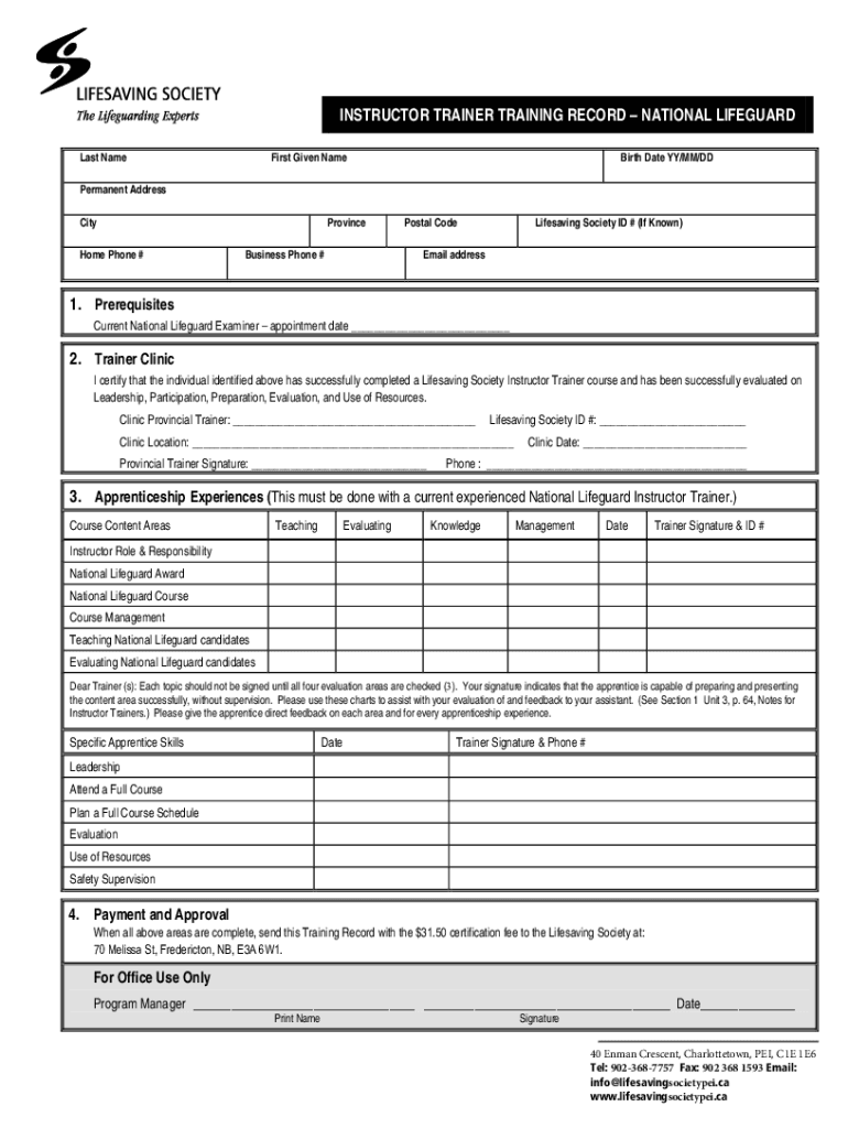 Fillable Online INSTRUCTOR TRAINER TRAINING RECORD NATIONAL LIFEGUARD ...