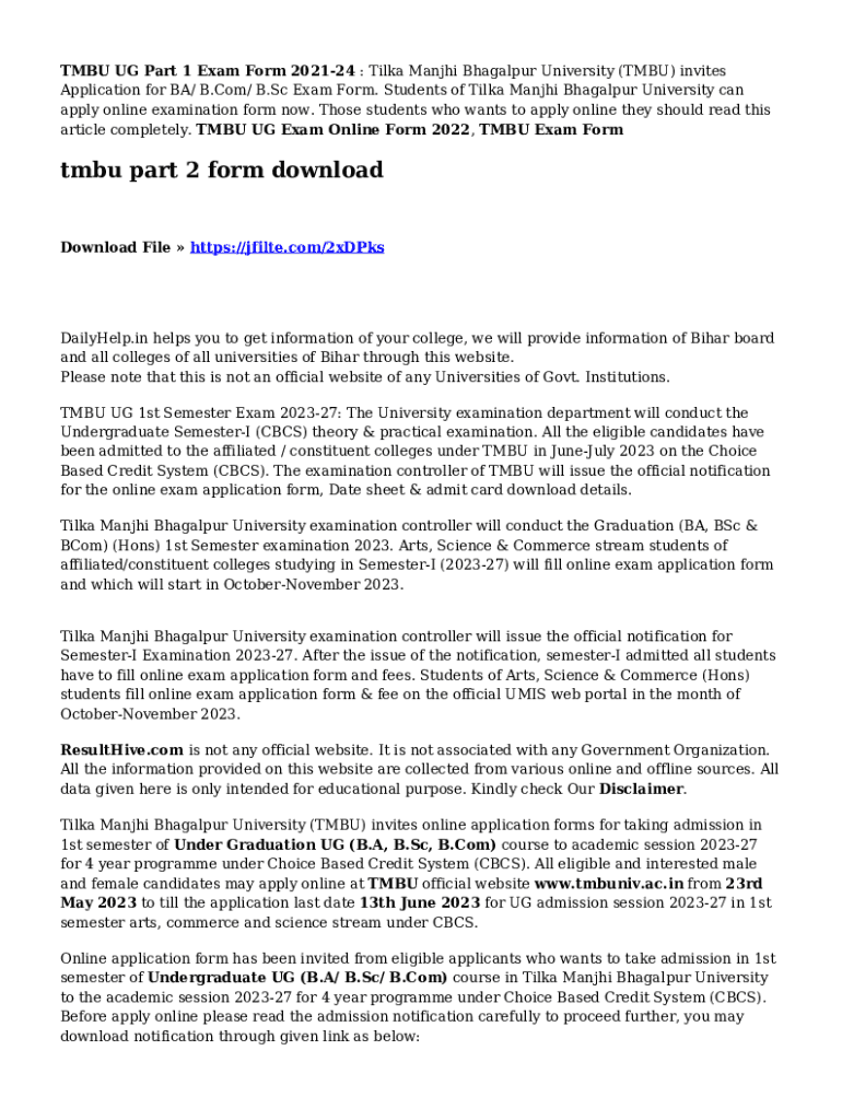 Fillable Online TMBU UG Part 1 Exam Form Fill Up 2021-24 Download Link ...