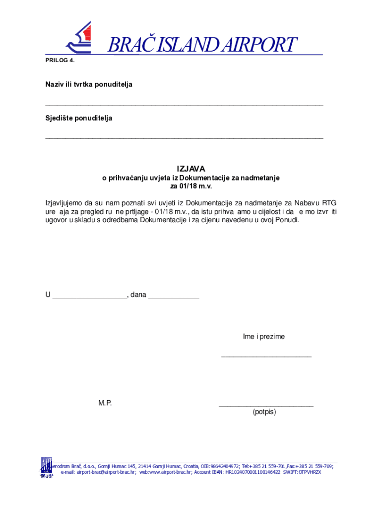 Fillable Online o prihvaanju uvjeta iz Dokumentacije za nadmetanje Fax ...