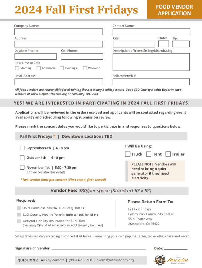 Fillable Online Fall First Fridays - Food Vendor Fax Email Print ...