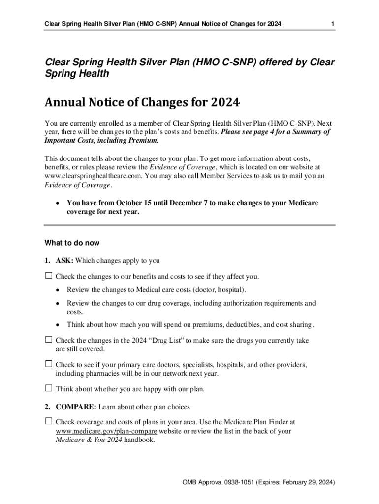 Fillable Online Clear Spring Health Silver Plan (HMO C-SNP) Annual ...