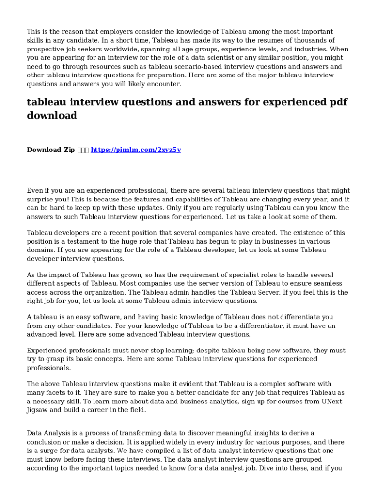 Fillable Online Tableau Interview Questions And Answers For Experienced Pdf Download Fax Email ...