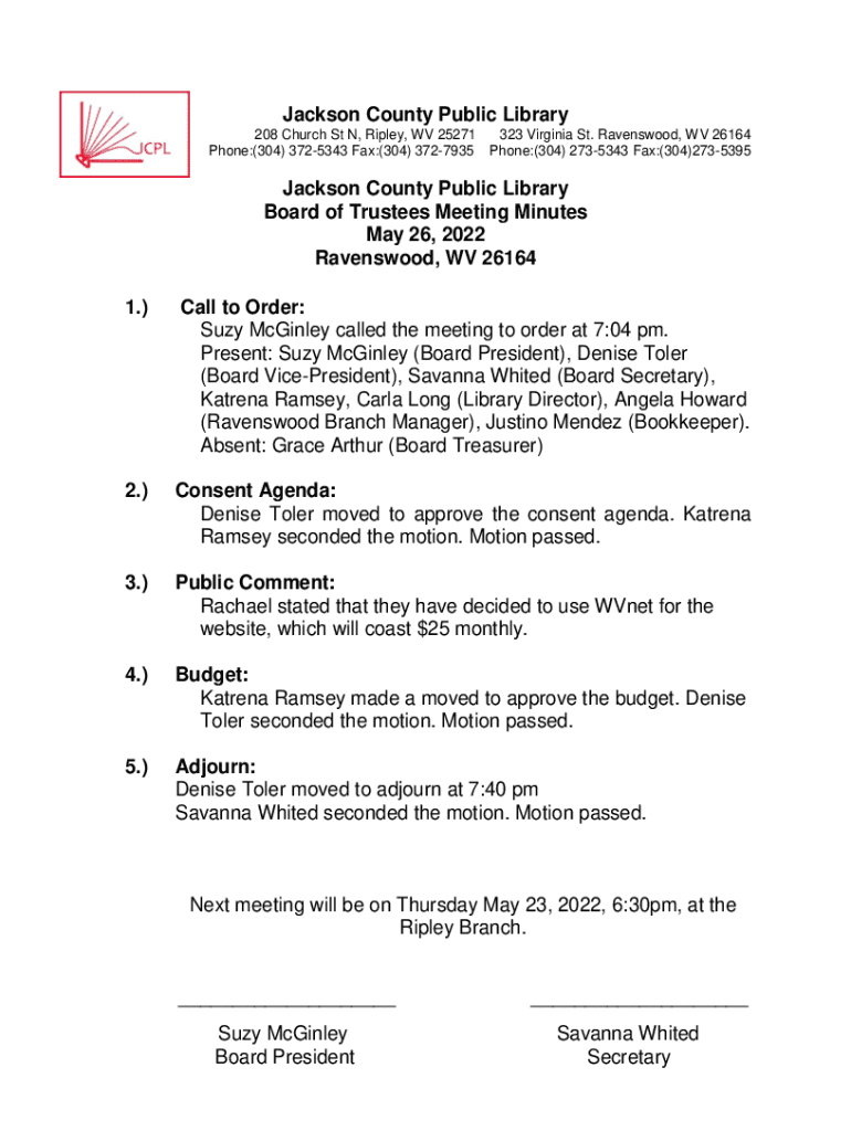 Fillable Online Present: Suzy McGinley (Board President), Denise Toler ...