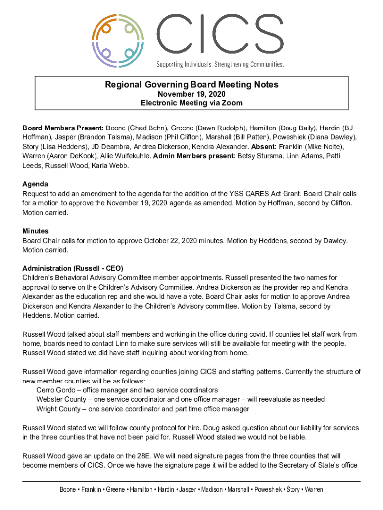 Fillable Online Board Members Present: Boone (Chad Behn), Greene (Dawn ...