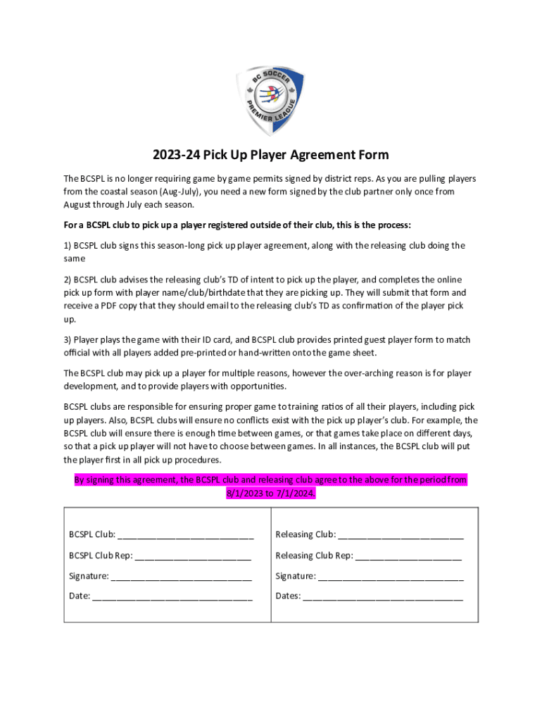 Fillable Online 2023-24 Pick Up Player Agreement Form Fax Email Print ...