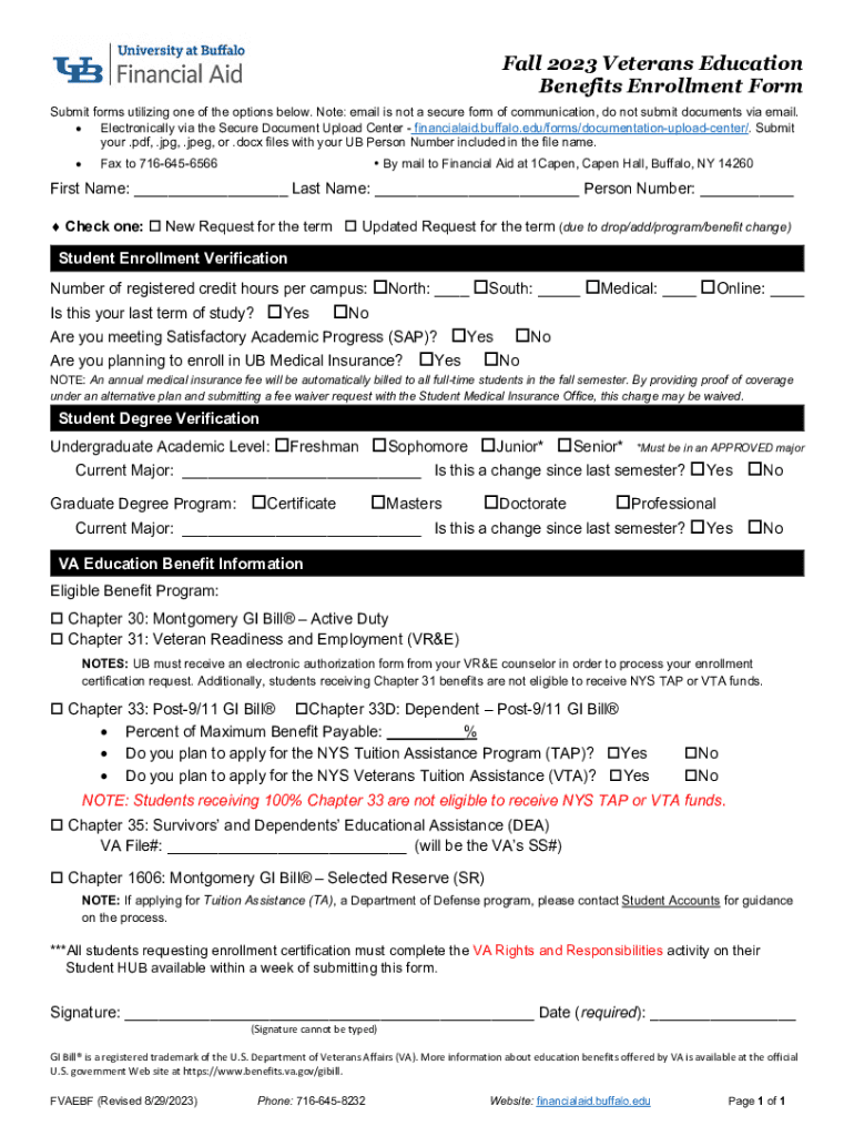 Fillable Online financialaid buffalo Winter 2023* Veterans Education Benefits Enrollment Form ...