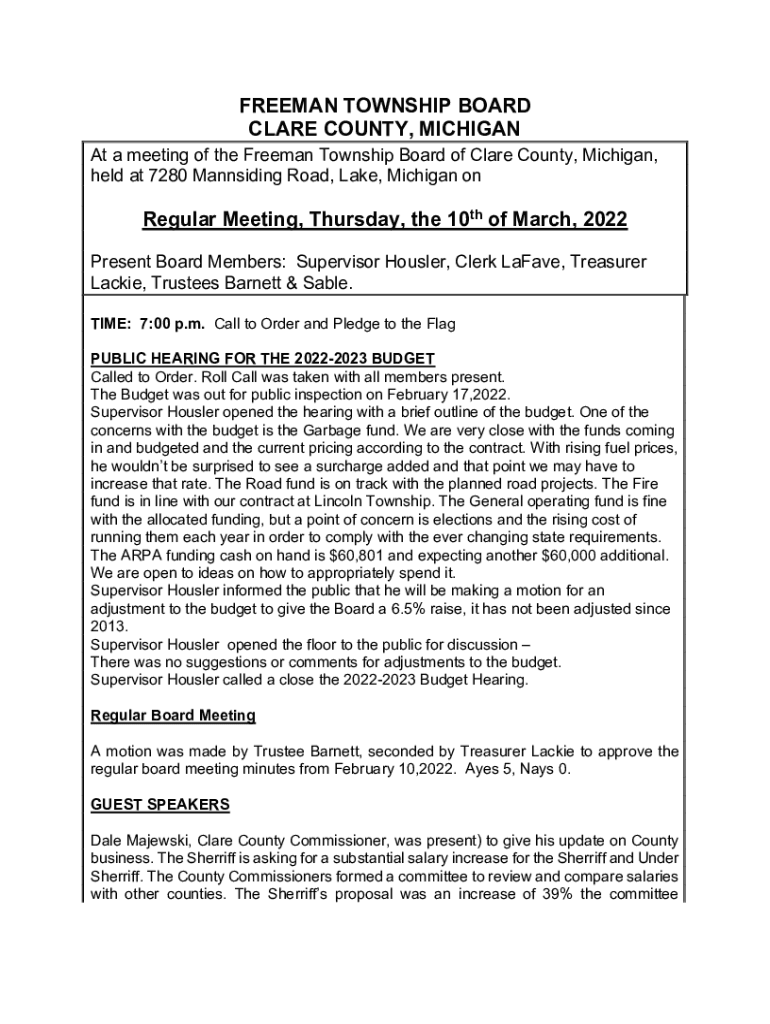 Fillable Online freeman township board clare county, michigan Fax Email ...