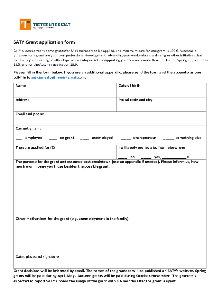 Fillable Online SATY Grant application form Fax Email Print - pdfFiller