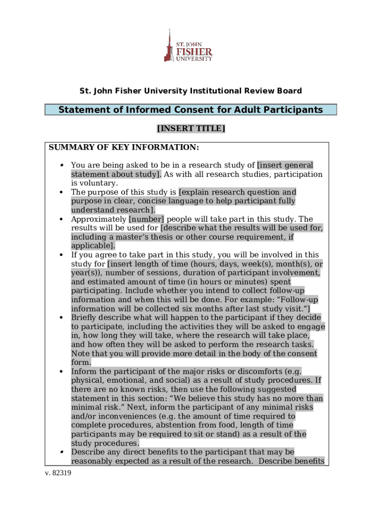 John Fisher University Institutional Review Board Doc Template | pdfFiller