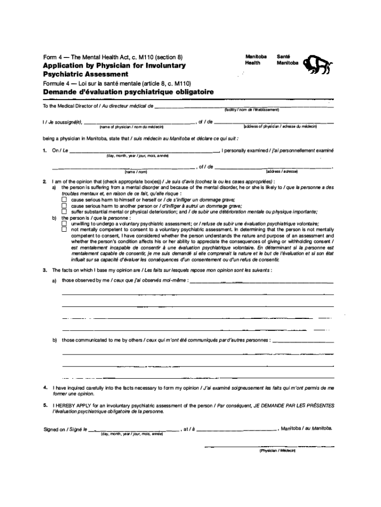 Remplissable En Ligne Application by Physician for Involuntary ...