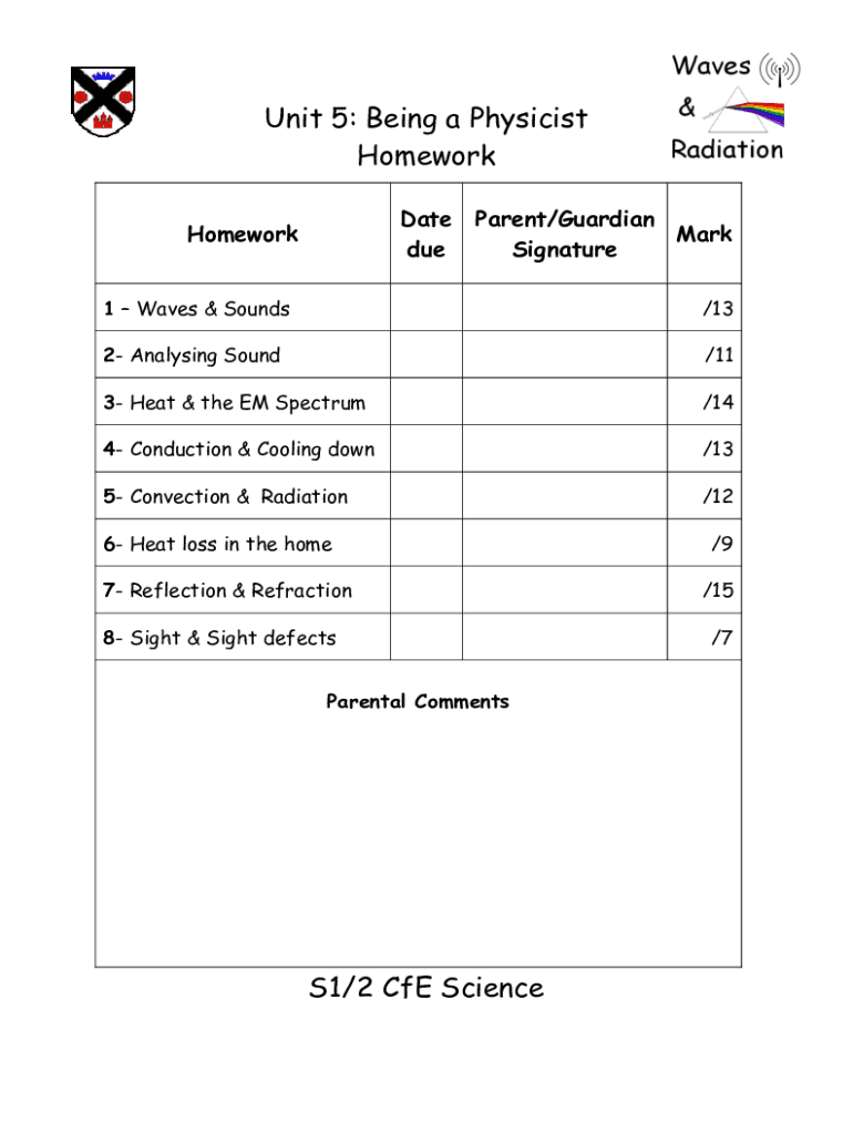 Fillable Online Unit 5: Being a Physicist Homework S1/2 CfE Science Fax ...