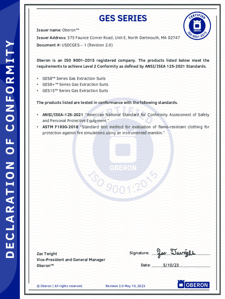 Fillable Online Declaration of Conformity for GES Series V2.0 20220806 Fax Email Print - pdfFiller