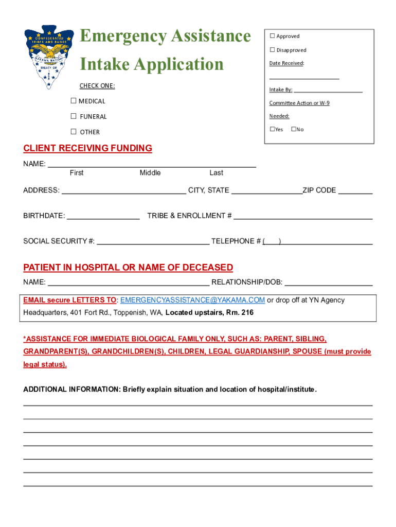 Fillable Online Emergency Assistance Intake ApplicationYakama Nation ...