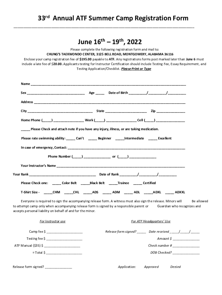 Fillable Online 33rd Annual ATF Summer Camp Registration Form Fax Email Print - pdfFiller