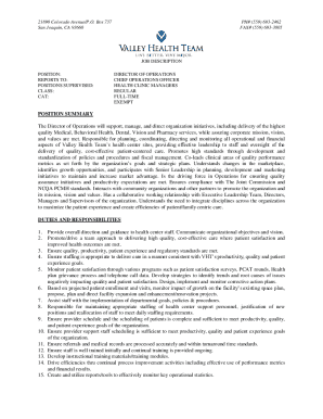 Director of Operations Job Description at Valley Health Team in San ...